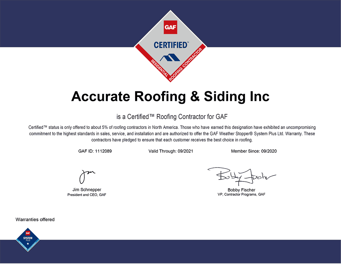 Accurate Roofing & Siding Certifications and Awards