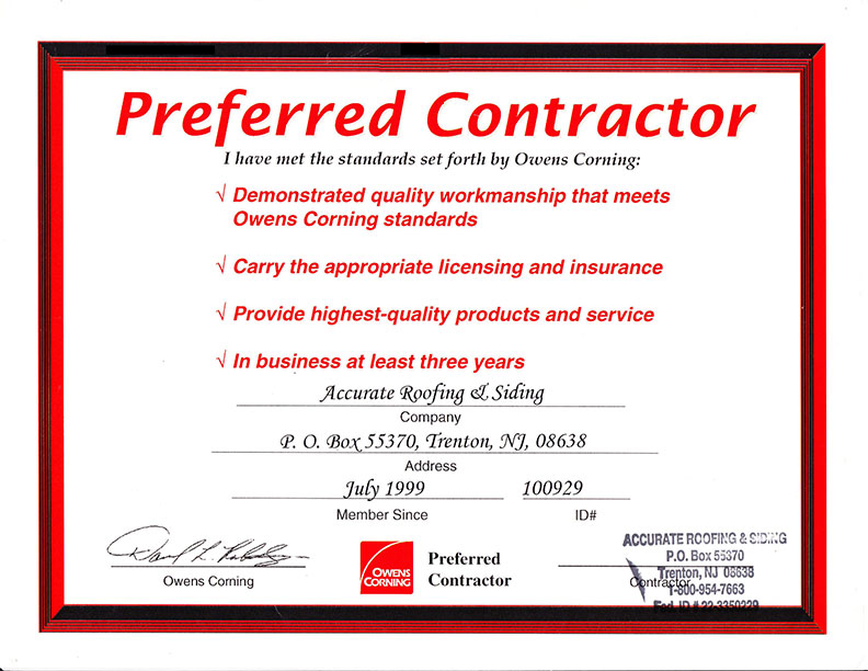 Accurate Roofing & Siding Certifications and Awards